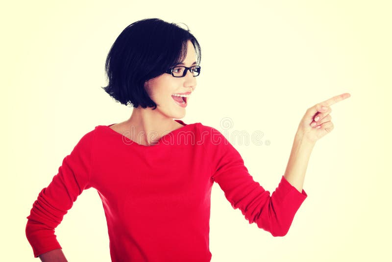 Excited Young Woman Pointing on Copy Space Stock Photo - Image of ...