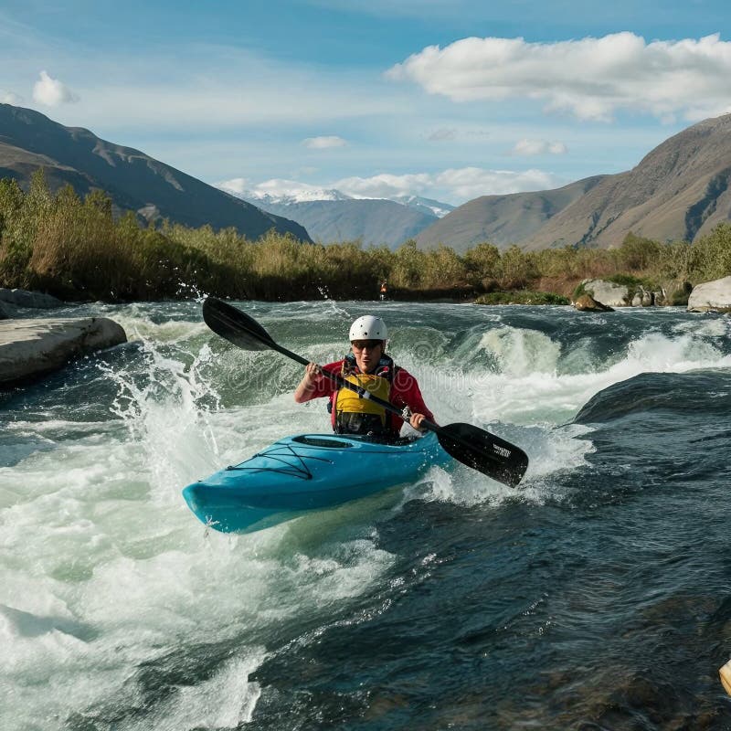 Man Kayaking in Rapids on a Mountain River Adventure Stock Illustration ...