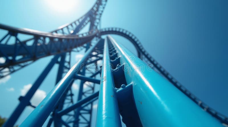 Exciting Blue Roller Coaster with Steep Drop Under Bright Sun Stock ...