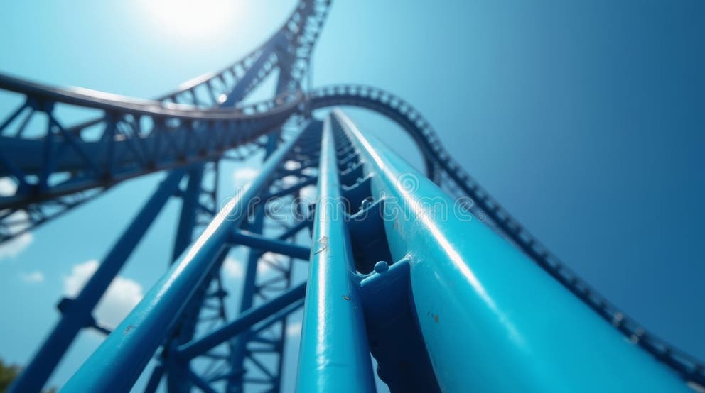Exciting Blue Roller Coaster with Steep Drop Under Bright Sun Stock ...