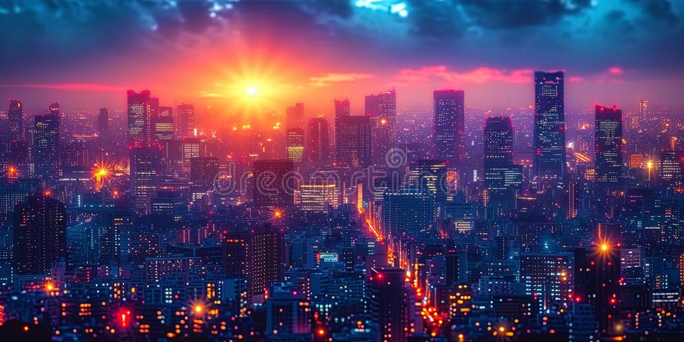 Exciting City Skyline in the Night Light, Where Flickering Lights ...