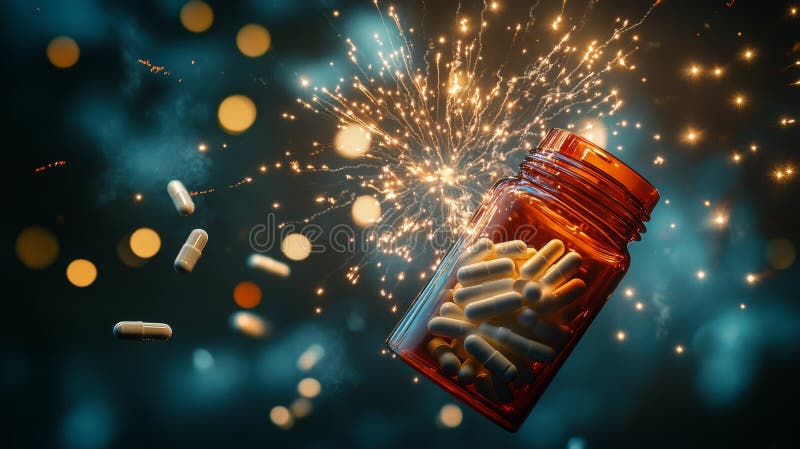 An Exciting Explosion of a Pill Bottle with Capsules and Sparkling ...