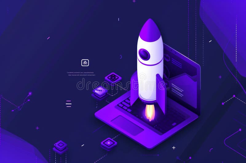 Rocket Launching from Laptop in a Futuristic Digital Scene Stock Photo ...