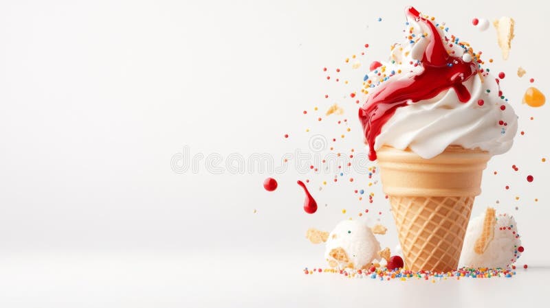 Exploding Ice Cream Cone with Red Syrup and Colorful Sprinkles on an ...