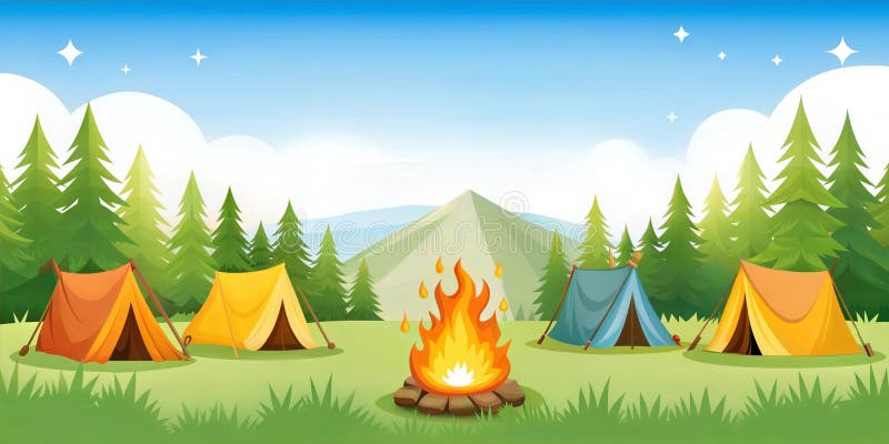 Exciting Summer Camp Banner with Tents and Campfires Stock Image ...