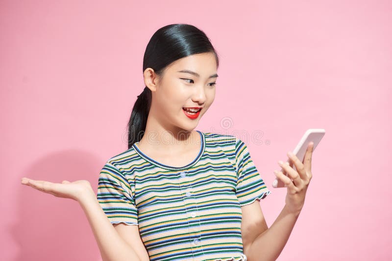 Exciting Woman Reading Text Message Stock Image - Image of korean ...