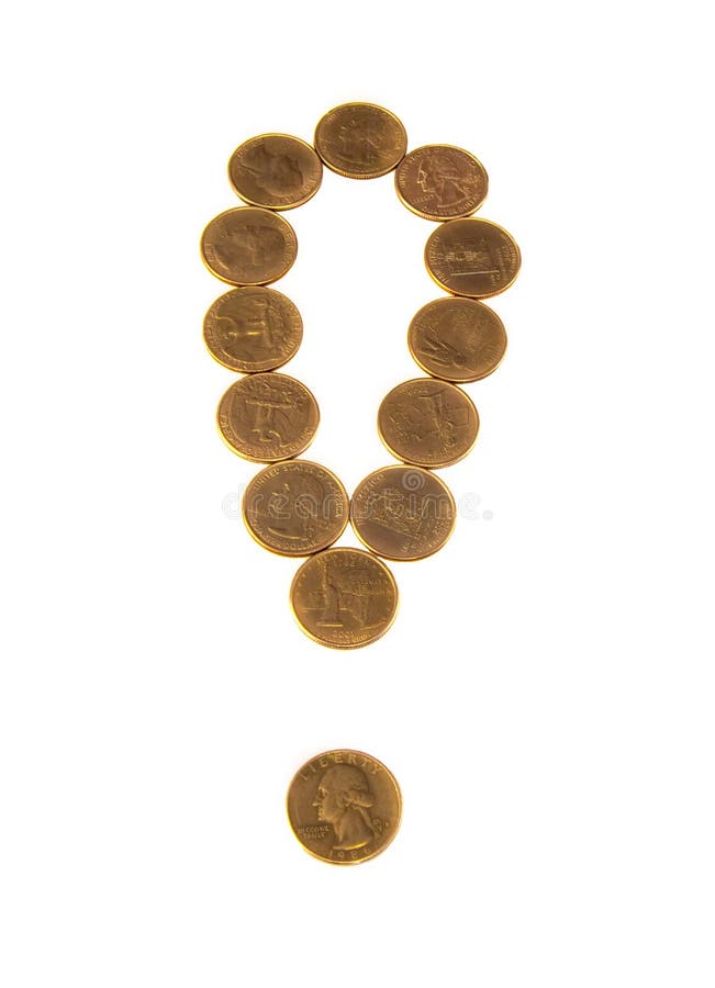 Exclamation Mark of Gold Coins on White Stock Image - Image of ...