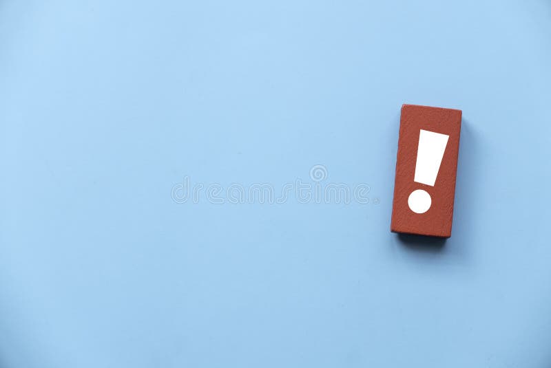Exclamation Mark on Red Wooden Rectangular Isolated on Blue Background ...