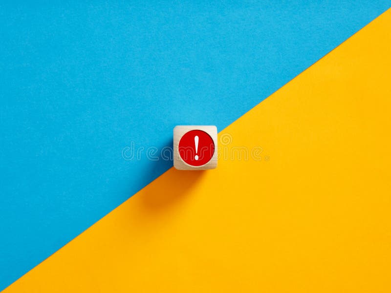 Exclamation Mark Warning Sign on a Wooden Cube Push Button ...