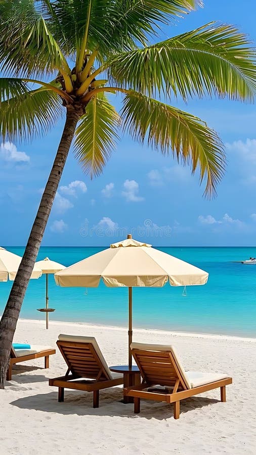 Exclusive Beachfront Setting with Private Sunbeds Stock Image - Image ...