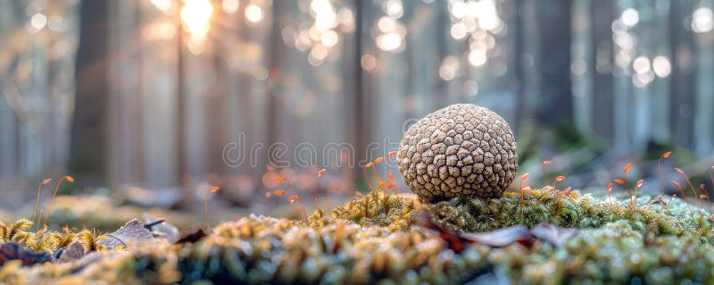Exclusive White Truffle Grows On Forest Glade At Sunset Light Closeup Fragrant Mushroom In