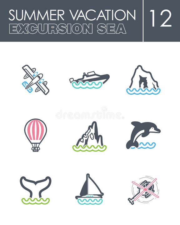 Excursion Sea Icon Set. Summer. Vacation Stock Vector - Illustration of ...