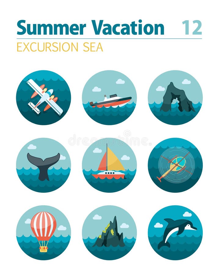 Excursion Sea Icon Set. Summer. Vacation Stock Vector - Illustration of ...