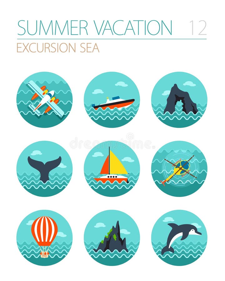 Excursion Sea Icon Set. Summer. Vacation Stock Vector - Illustration of ...
