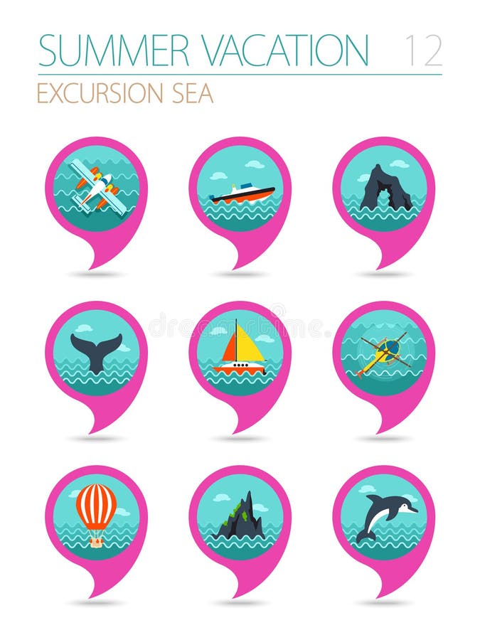 Excursion Sea Pin Map Icon Set. Summer. Vacation Stock Illustration ...