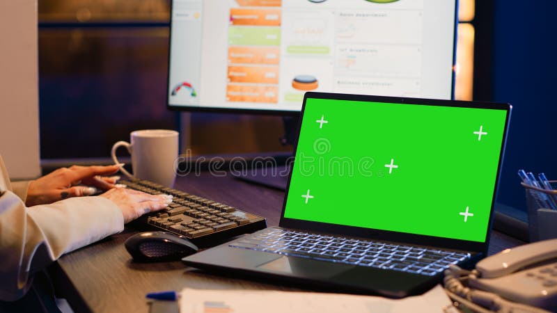 Executive Agent Analyzing Green Screen on Laptop Stock Image - Image of ...