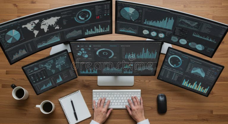 Executive Analyzing Complex Data on Multiple Computer Monitors in Home ...