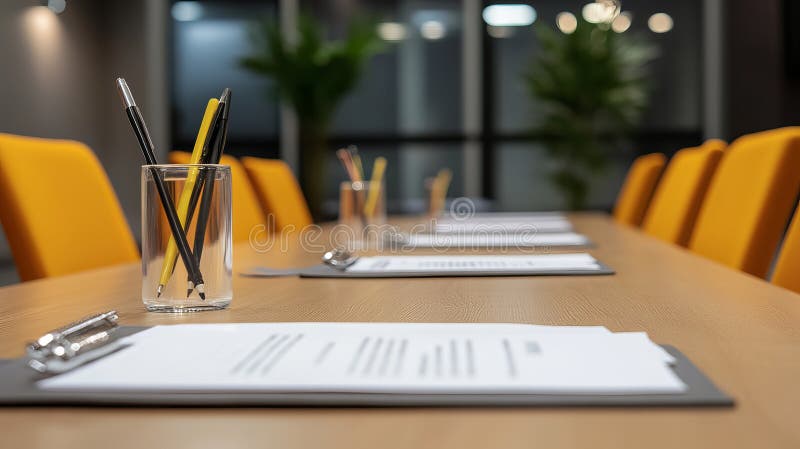 Executive Board Meeting Table with Notebooks and Pens Stock ...