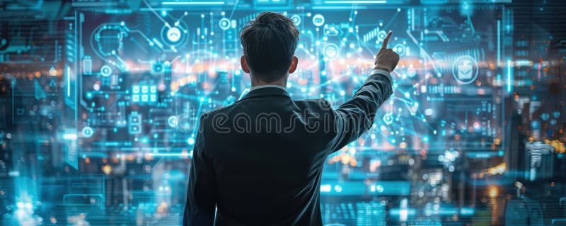 Executive in Boardroom Pointing at Digital Screen with Business ...