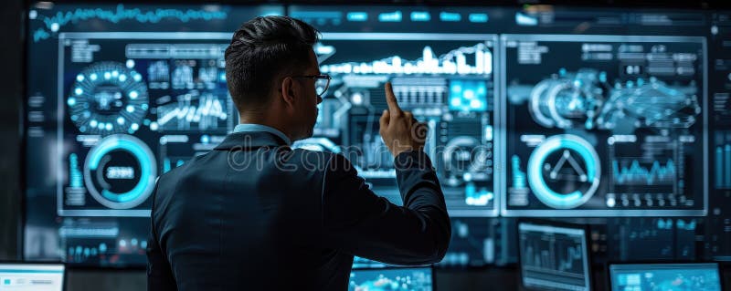 Executive in Boardroom Pointing at Digital Screen with Business ...