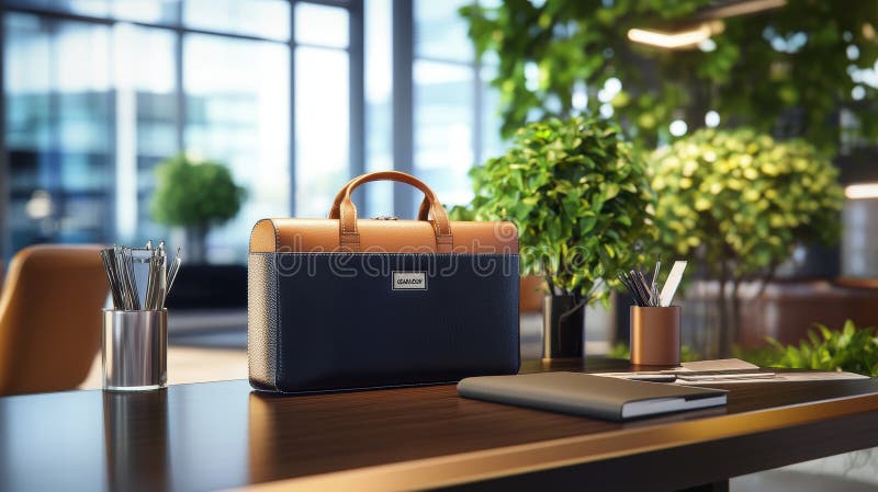 Executive Briefcase on Desk Modern Workspace Leather Briefcase Plants ...