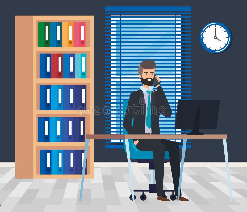 Executive Businessman with Computer in the Desk and Bookcase Stock ...