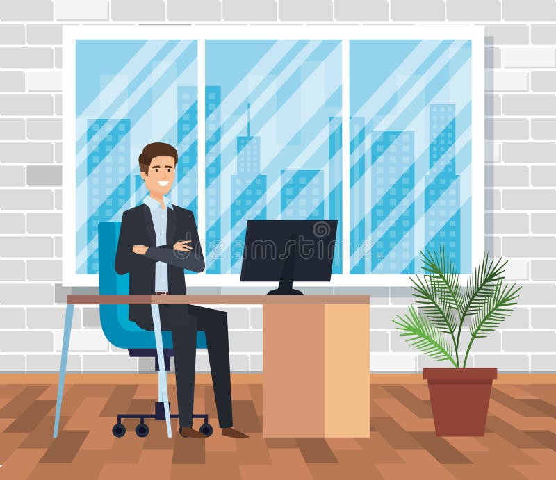 Executive Businessman with Computer in the Desk and Plant Stock ...