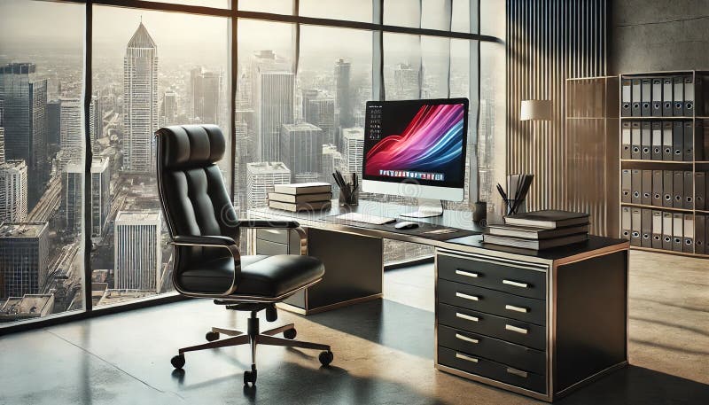 Elegant Executive Desk with Leather Chair and Panoramic City View Stock ...