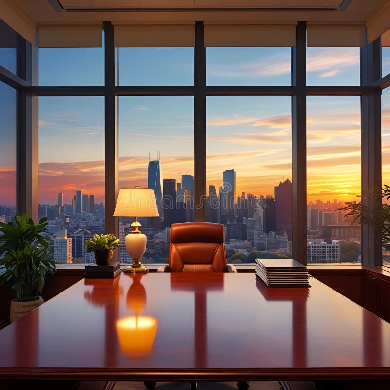 Executive Elegance: a Modern Office with a Stunning Cityscape at Sunset ...