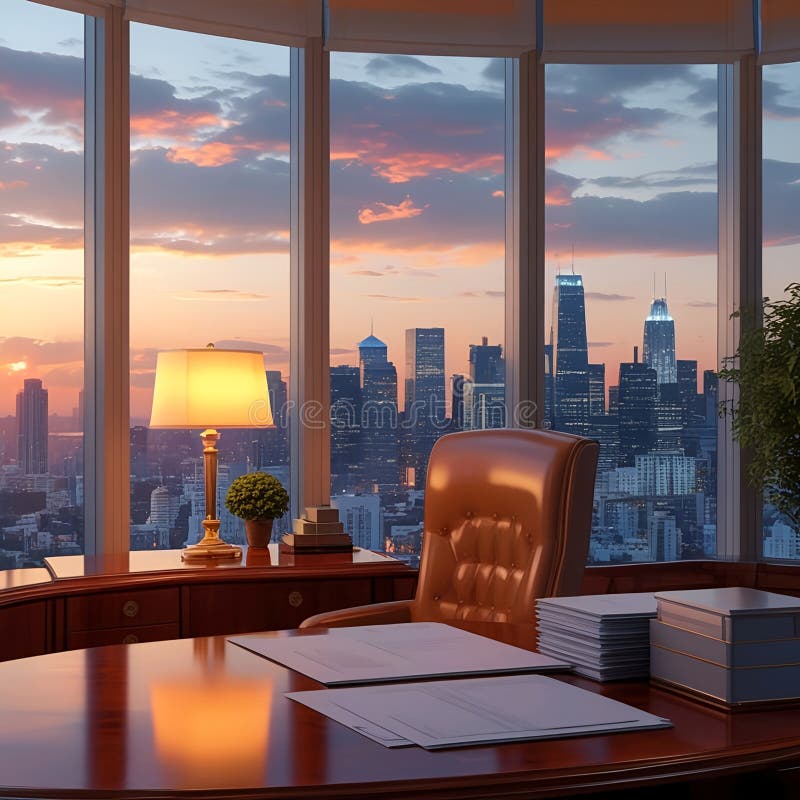 Executive Elegance: a Modern Office with a Stunning Cityscape at Sunset ...