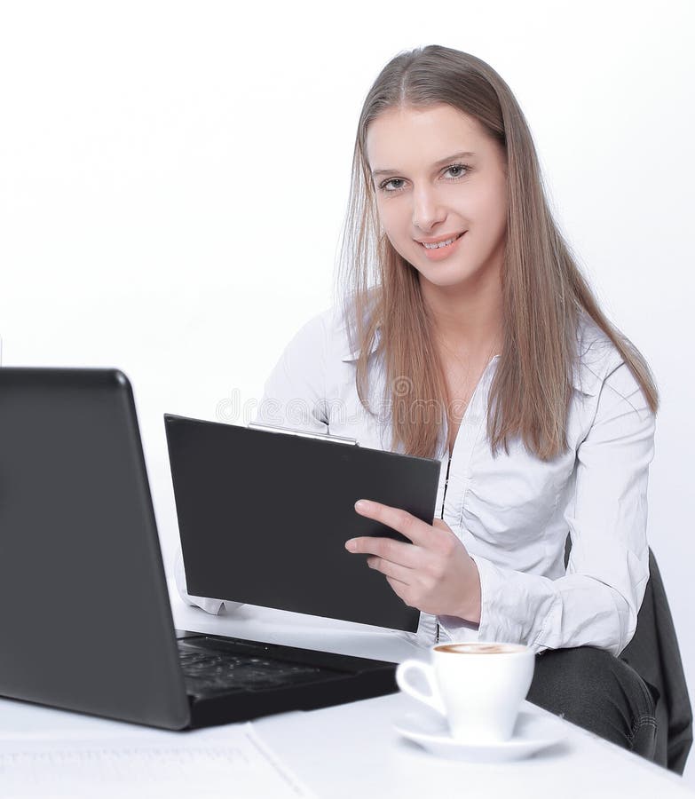 Executive Female Assistant with Documents Standing Near Desktop. Stock ...