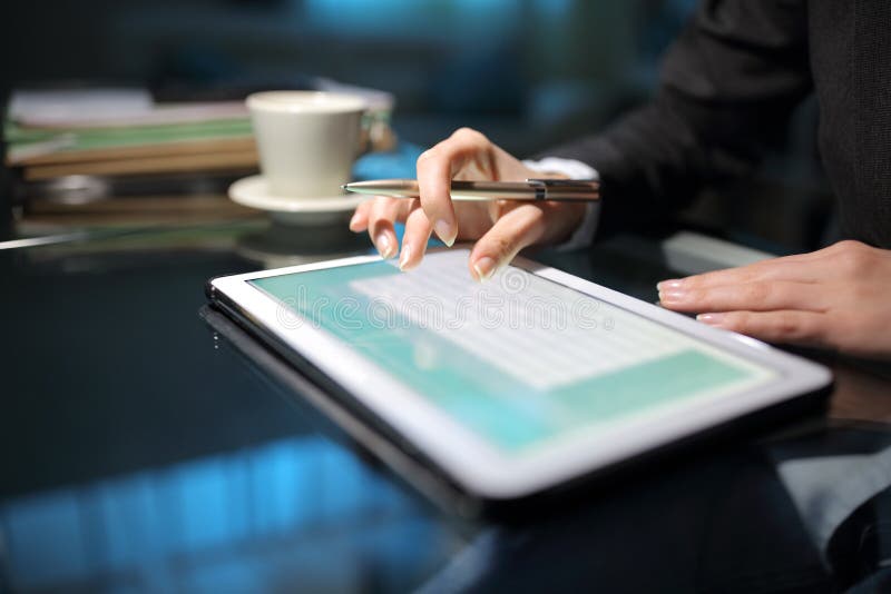 Executive Hand Using Tablet in the Night at Office Stock Image - Image ...