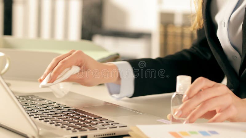 Executive Hands Cleaning Laptop with Sanitizer Soap Stock Footage ...