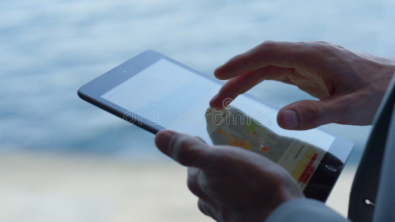 Man Hands Swiping Mockup Tablet Touchscreen Sitting Office Workplace ...