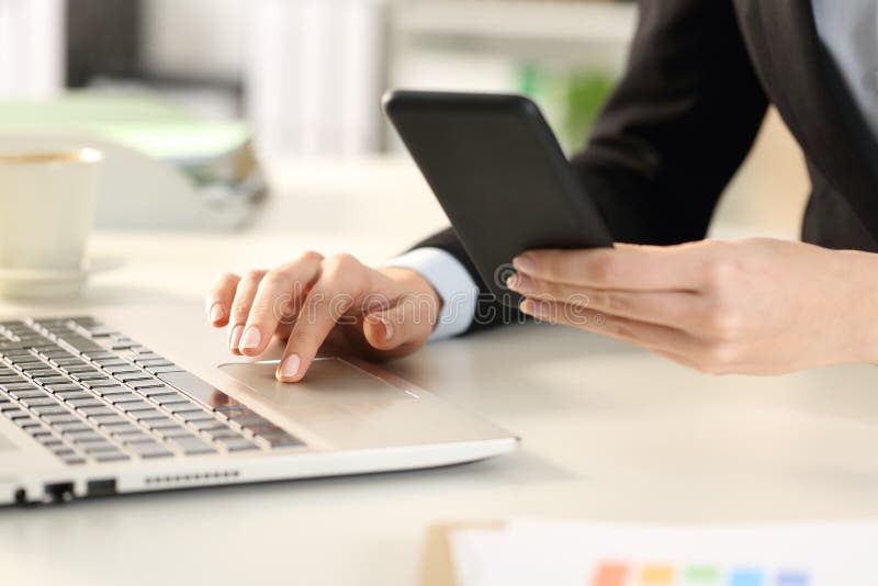 Executive Hands Using Phone and Laptop at Office Stock Image - Image of ...