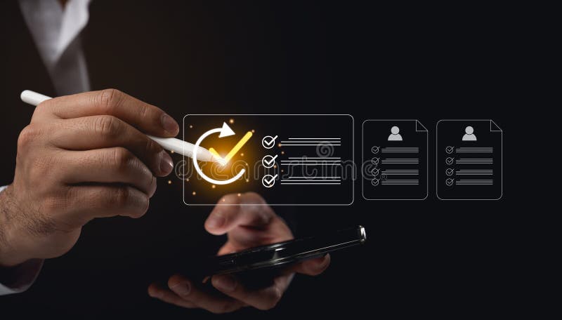 Executive Interacting with Virtual HR Interface. Corporate Executive Using a Stylus To Interact ...