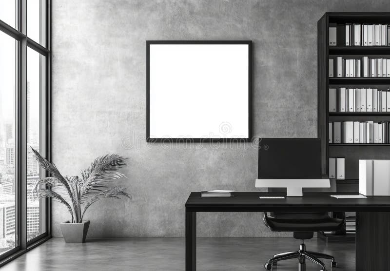 Executive Interior Desk with Display Shelf and Pc Desktop. Mockup Frame ...