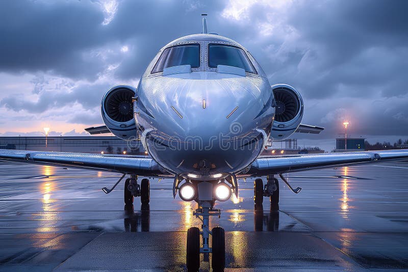 Executive Jet Plane Airport Runway Background Dramatic Sunset Stock ...