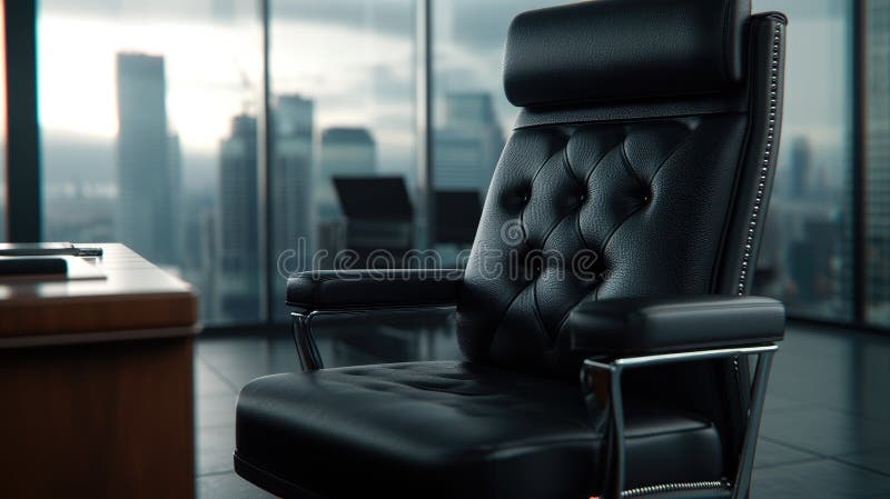 Executive Office Chair in a Modern Office Setting with City Skyline ...