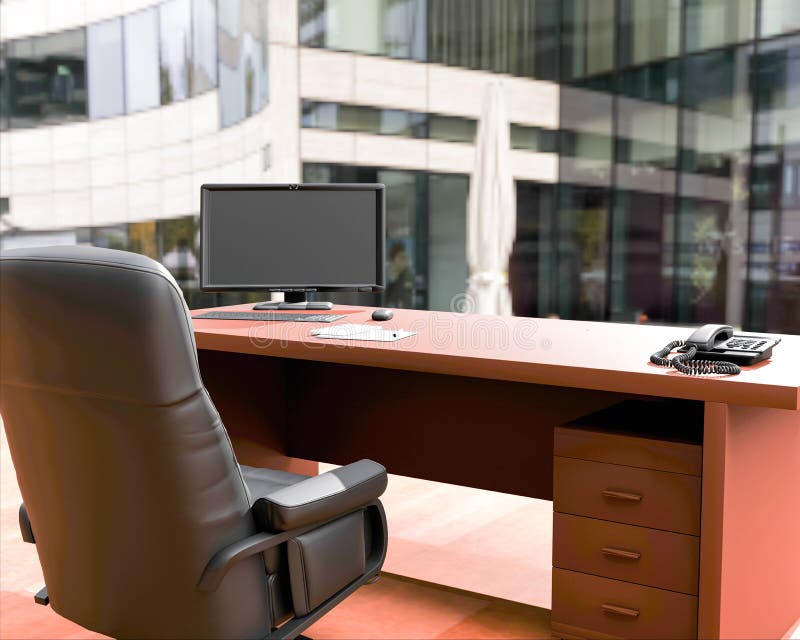Executive Office Desk with a View of the Buildings. Work and Business ...