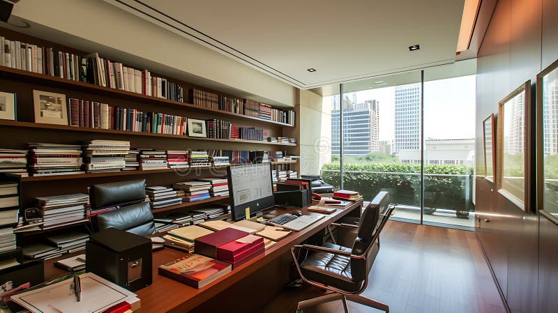 Executive Office Interior with Bookshelves and City View through Large ...