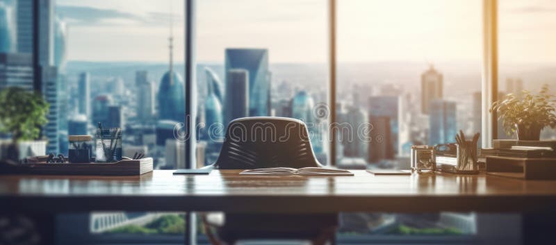 Executive Office Large Blurred Workspace in the Morning with Cityscape ...