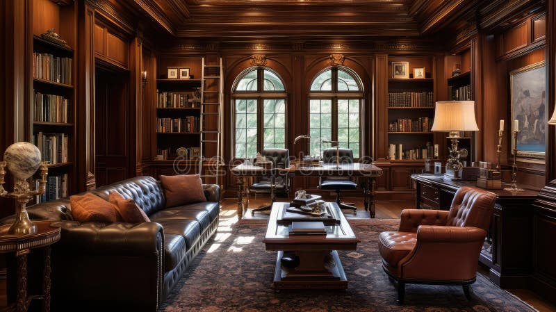 Executive office library stock illustration. Illustration of desk ...