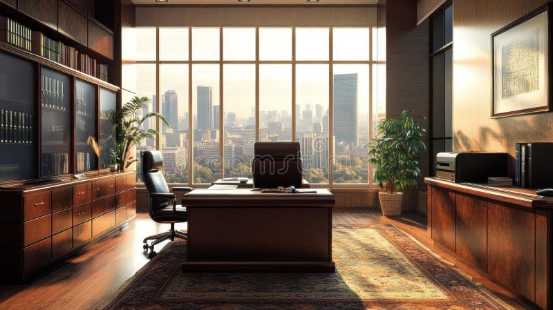 Executive Office Overlooks City Skyline at Sunset with Modern Design ...