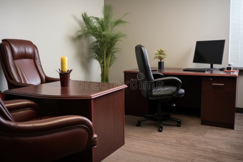 Executive Office Setup with Leather Chair and Wooden Desk Stock Image ...