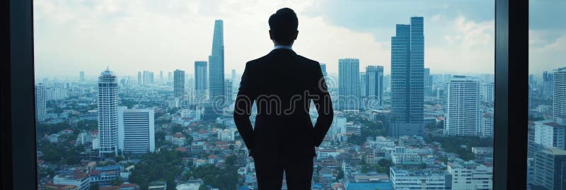 Executive Overlooking Cityscape from Office Window with a Visionary ...