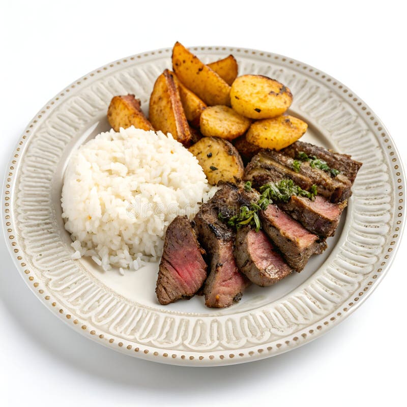 Executive Plate with Rice, Beef, and Rustic Potatoes on White ...