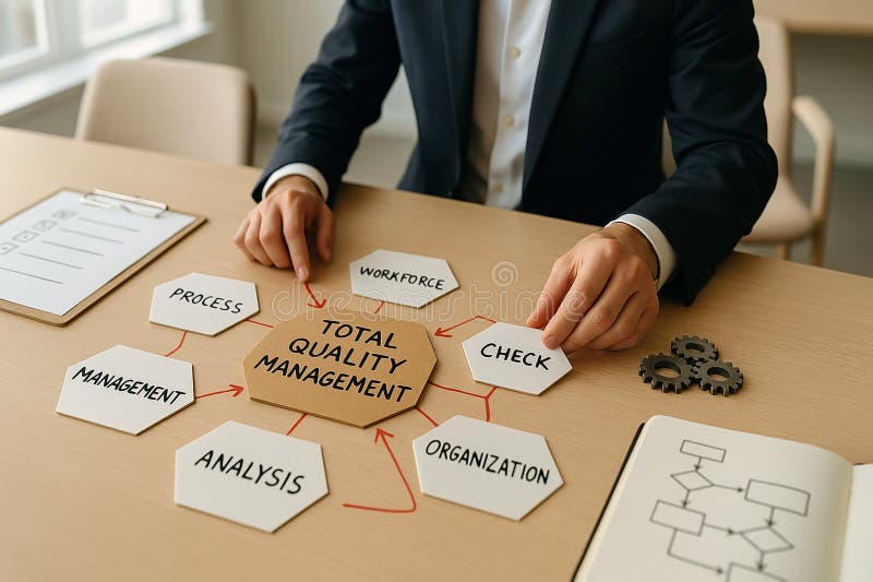 Executive Pointing at Total Quality Management TQM Framework Diagram ...