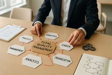 Executive Pointing at Total Quality Management TQM Framework Diagram ...