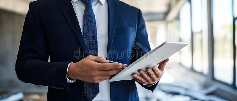 Executive Reviews Data on Tablet for Project and Corporate Development ...